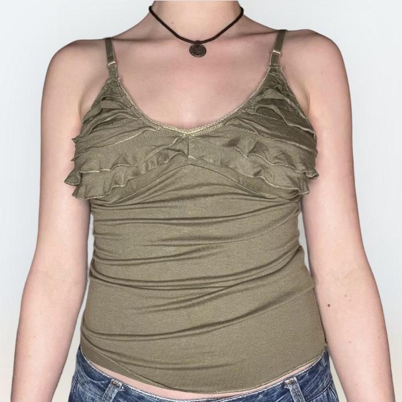 Khaki green Y2K ruffle vest cami tank top Cute... - Depop