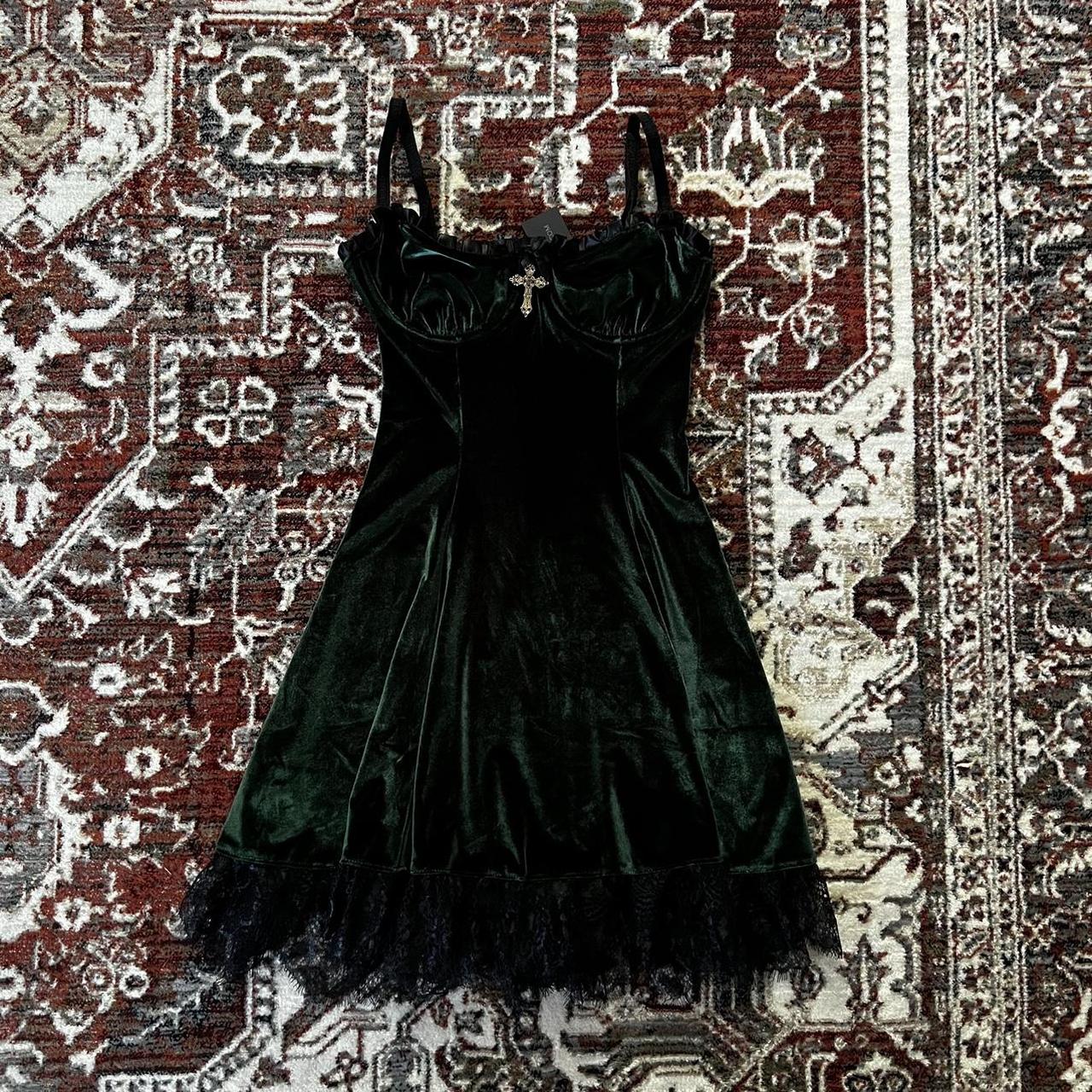 Dolls Kill green velvet Widow cross mini dress... - Depop