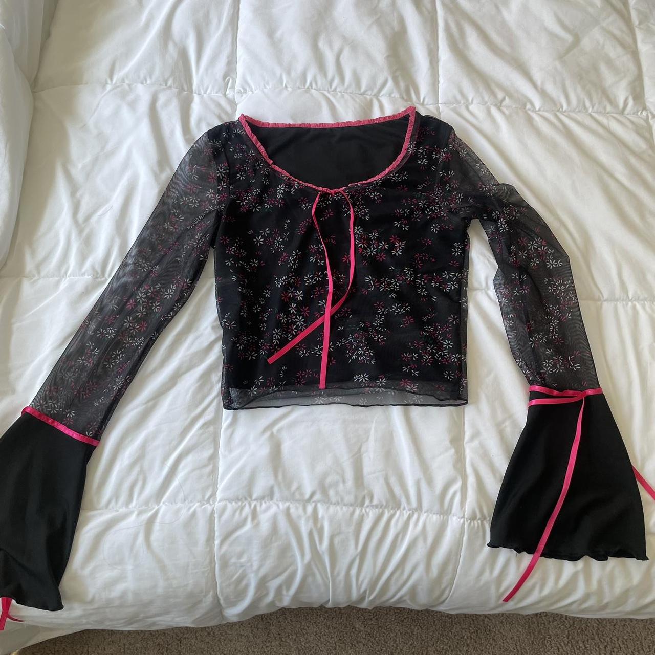 small flared long sleeve floral mesh top... - Depop