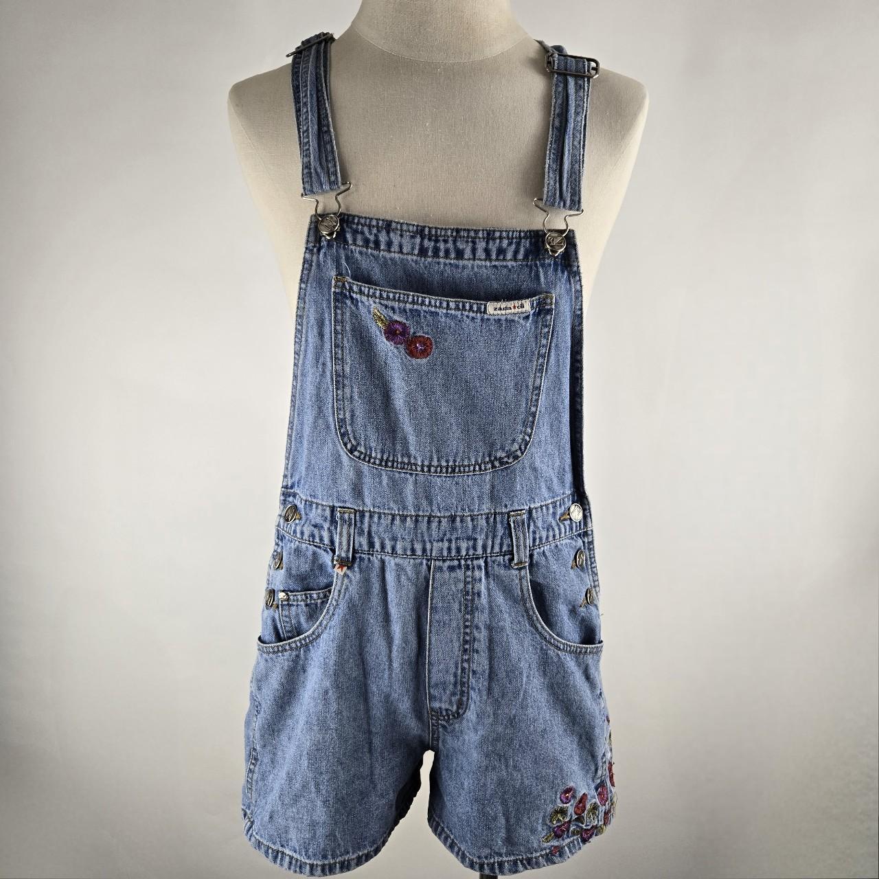 Vintage 90's to y2k Floral Embroidered bib Shortalls... - Depop