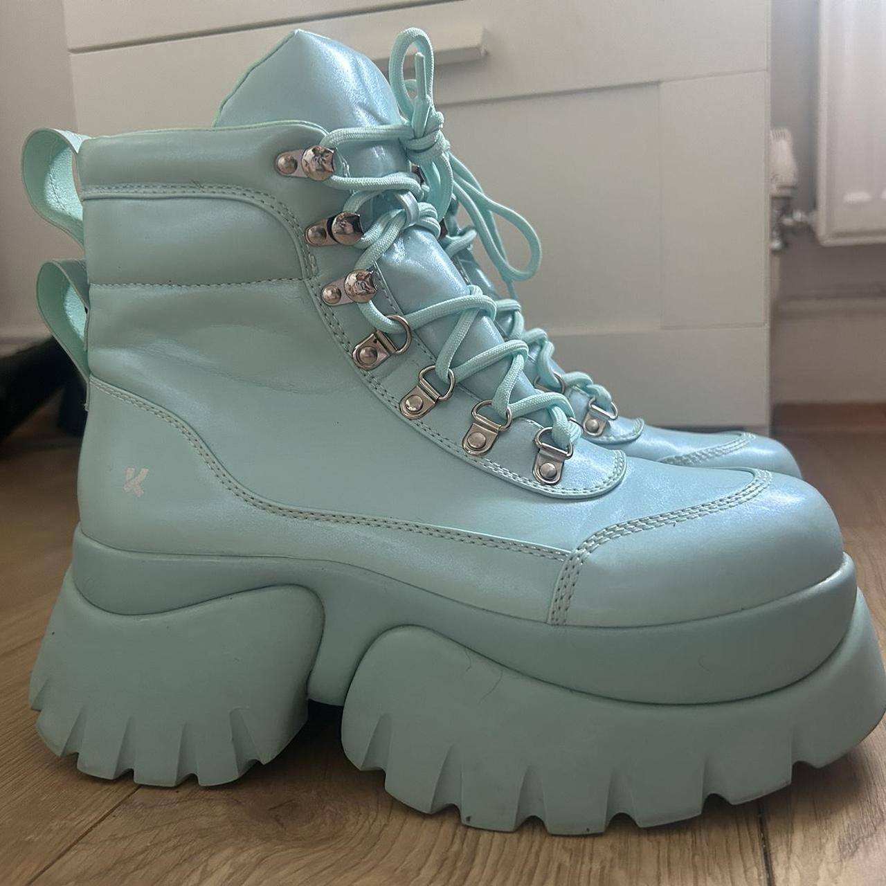Koi Footwear GOOEY BABY BLUE PLATFORM BOOTS Does... - Depop