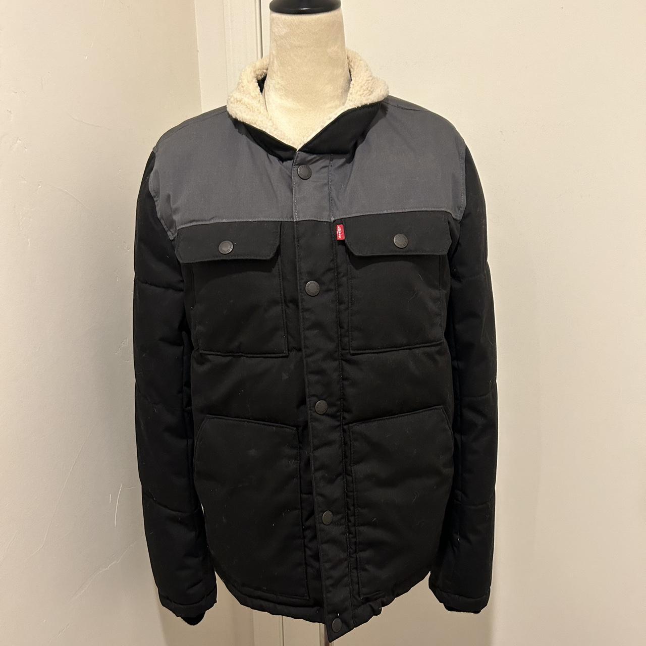 levi’s small puffer jacket grey and black super... - Depop