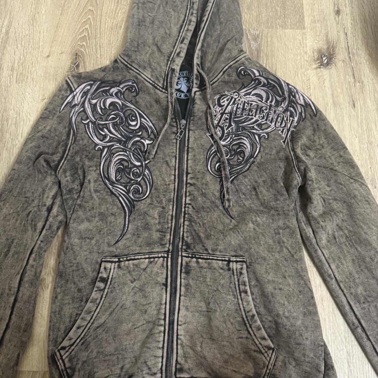 brown affliction zip up with angel wing design no... - Depop