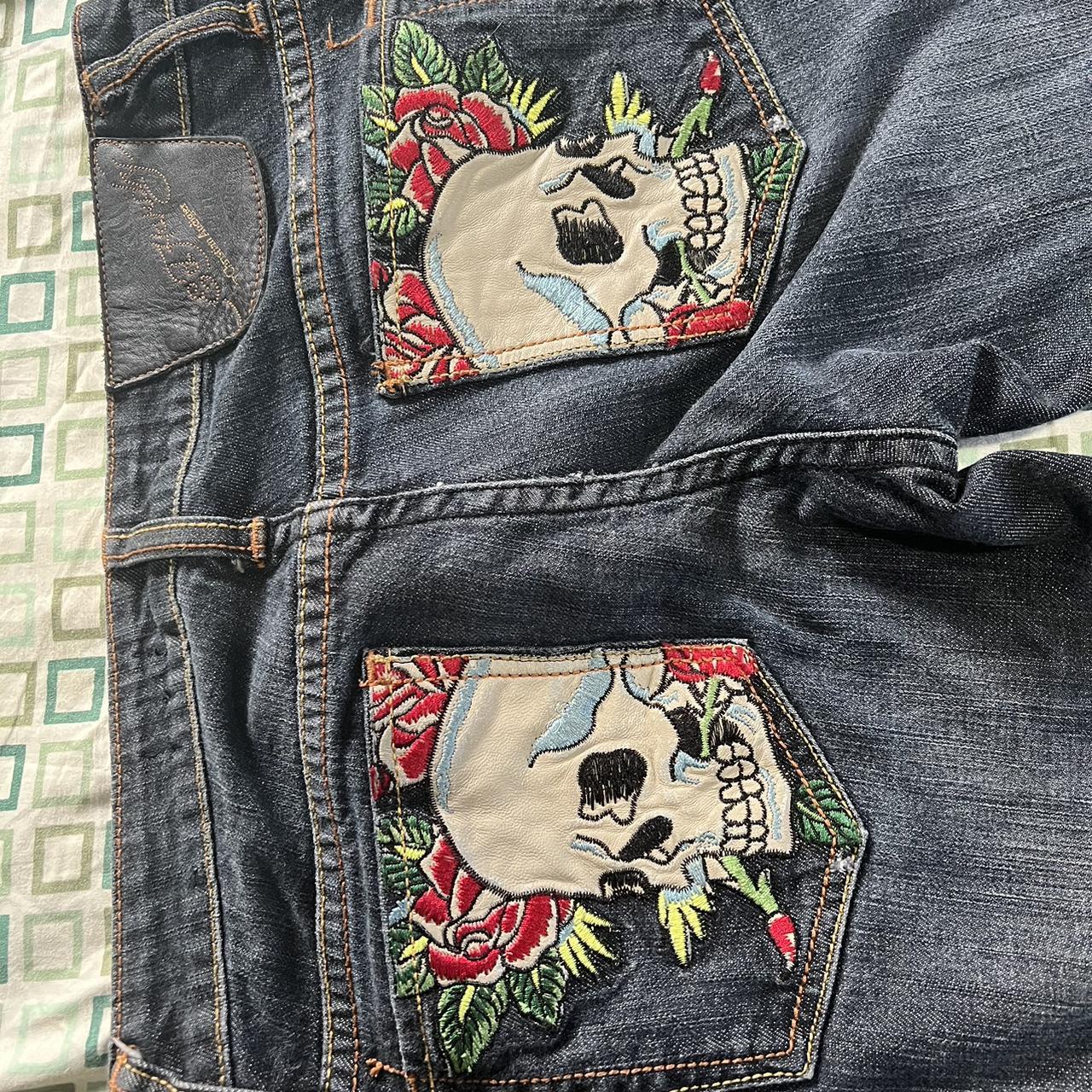 low rise flared skull embroidered ed hardy jeans... - Depop