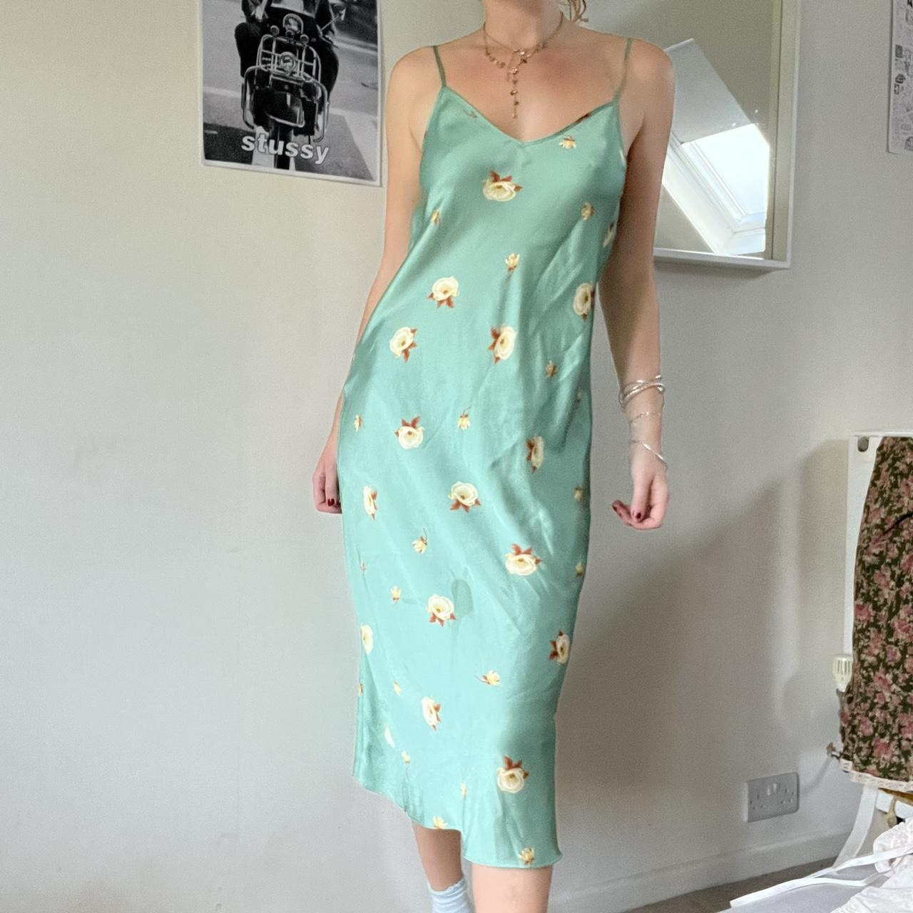 Beautiful zara slip dress, midi, green and floral... | Depop