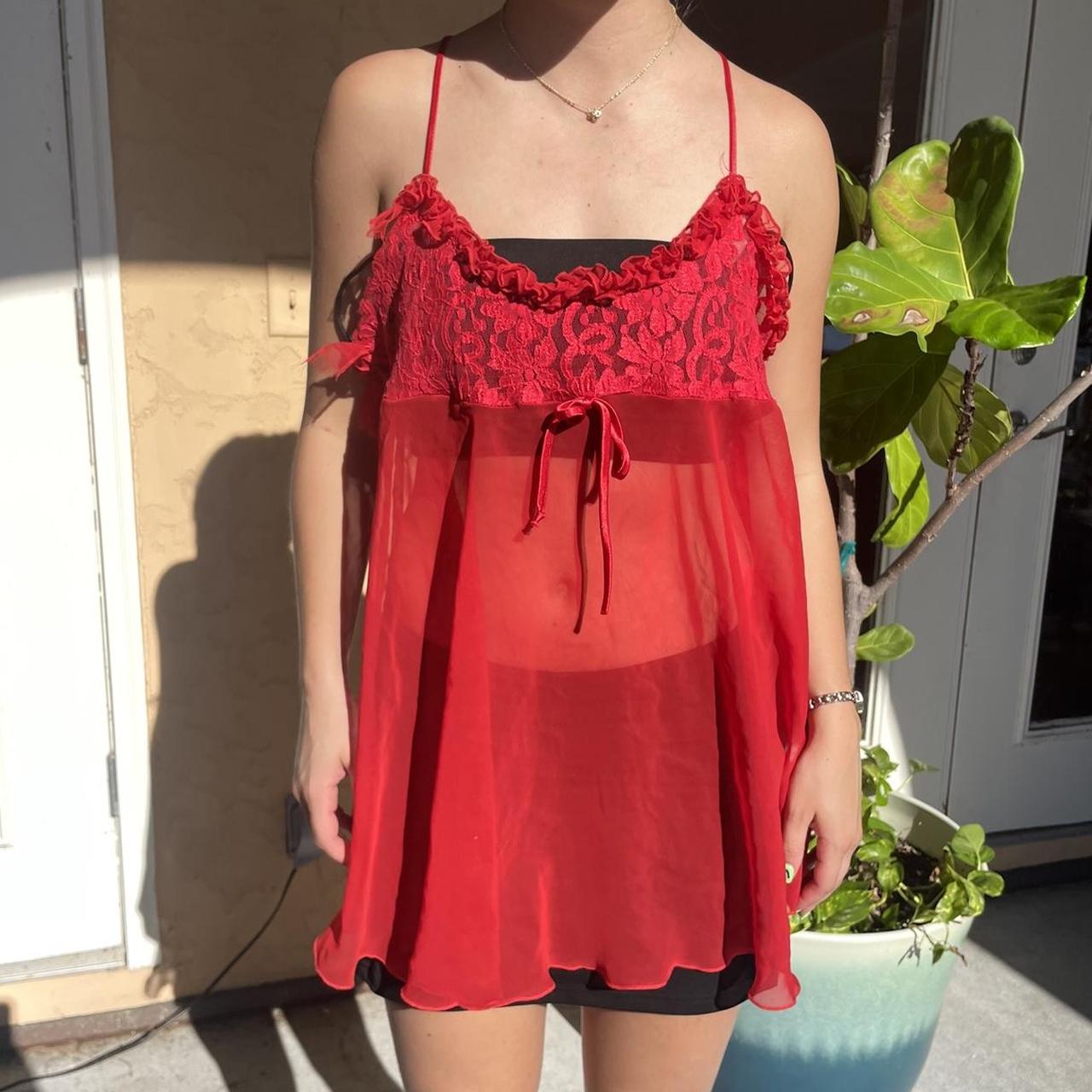 beautiful cherry red lace slip dress🌹 sexy sheer... - Depop