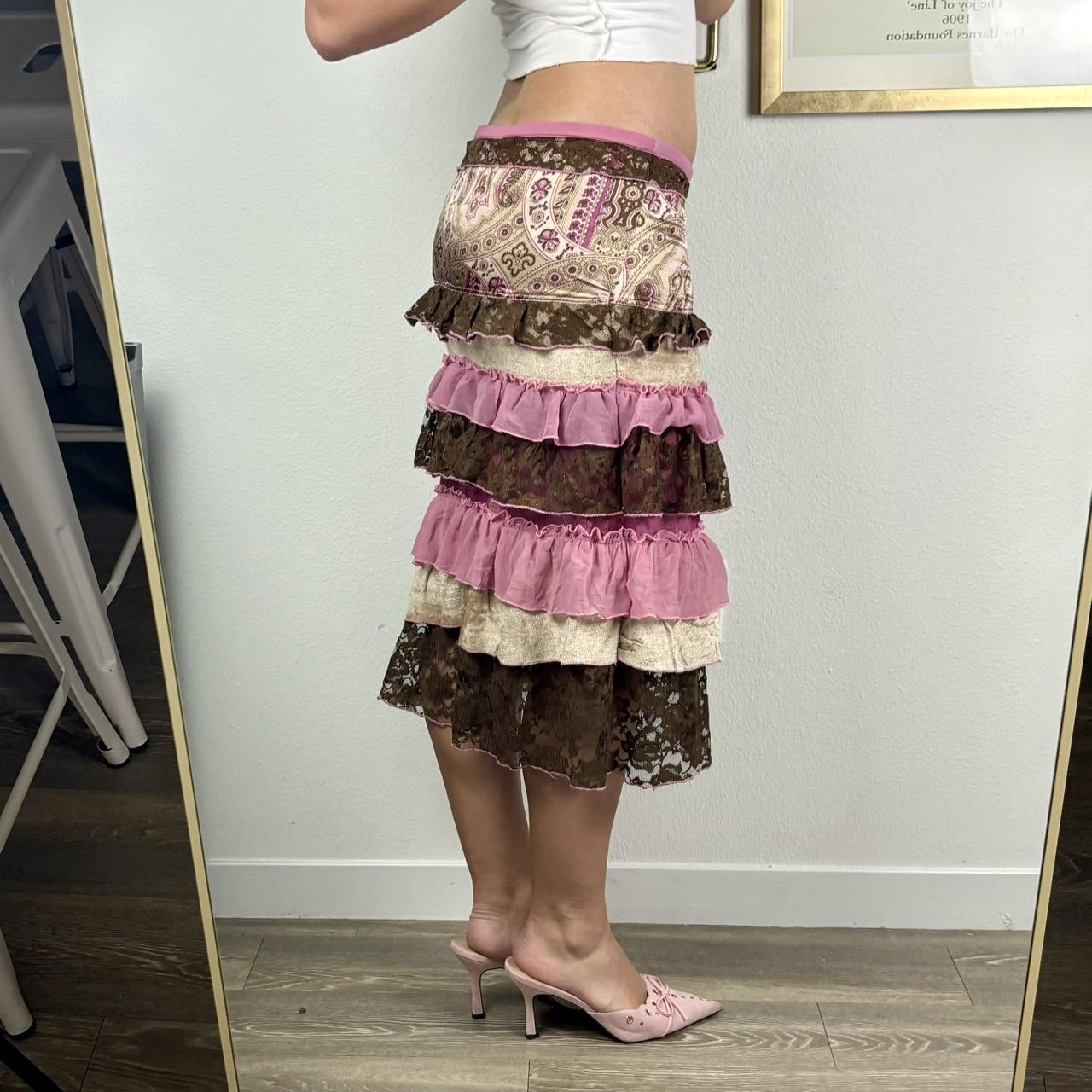 Y2K Pink and brown layered ruffle skirt ADORABLE... - Depop