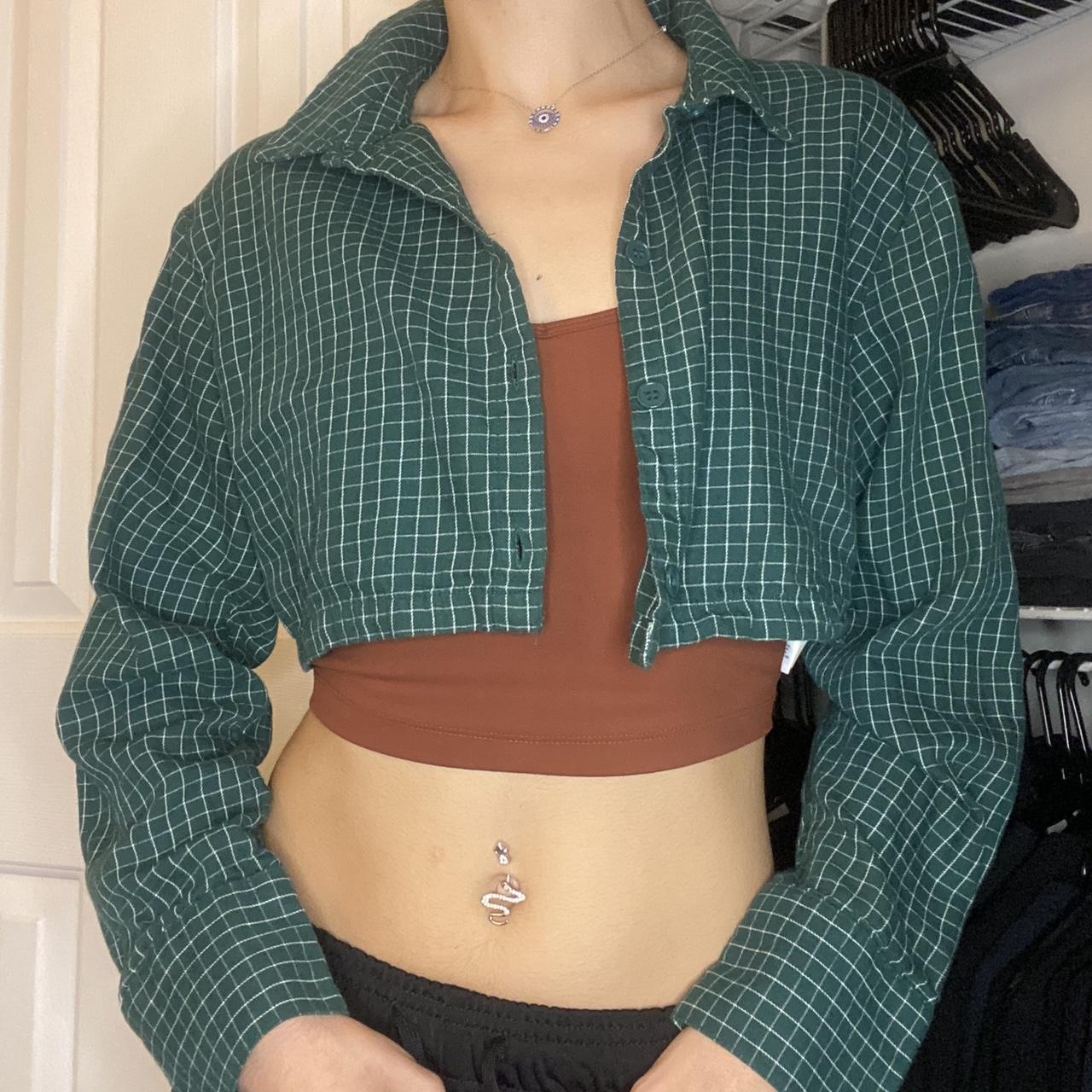 plaid green & white cropped button down long sleeve top - Depop