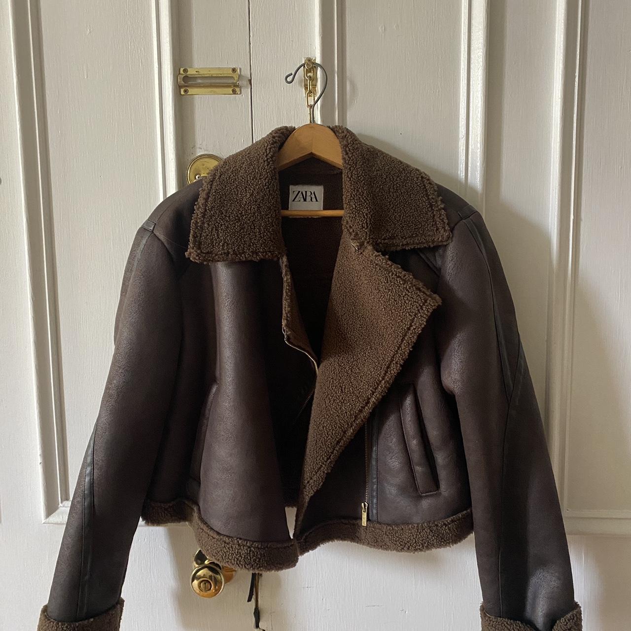 Zara FAUX SHEARLING CROPPED BIKER JACKET Small Worn... - Depop