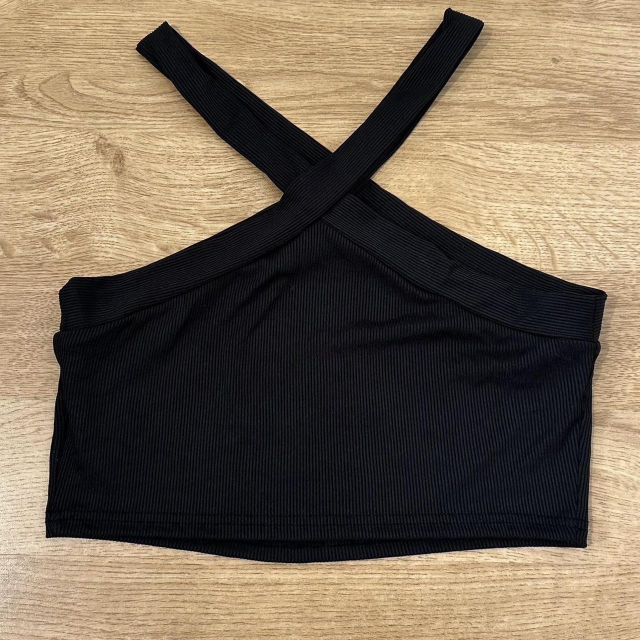 Cropped tank top with x neck detail #black... - Depop