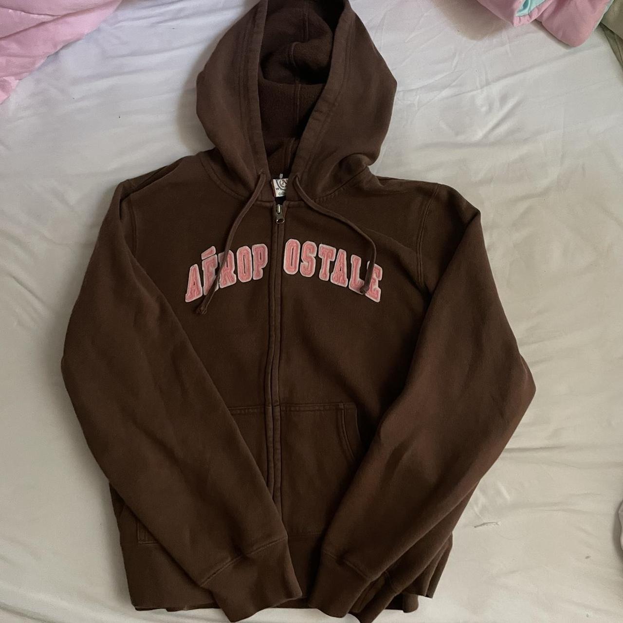 brown and pink zip up hoodie with drawstrings from... - Depop