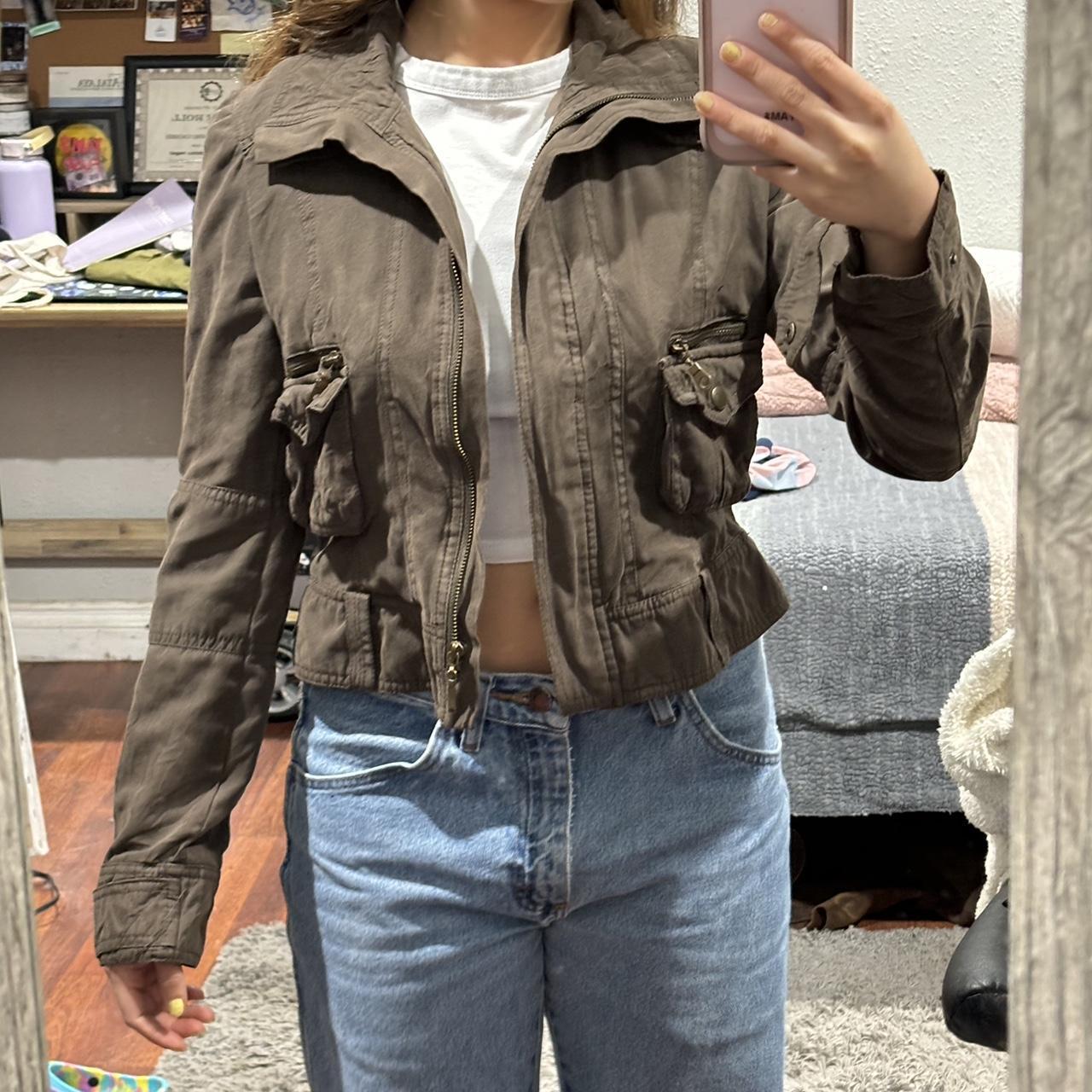 cute soft cropped jacket -navy green -SIZE :... - Depop