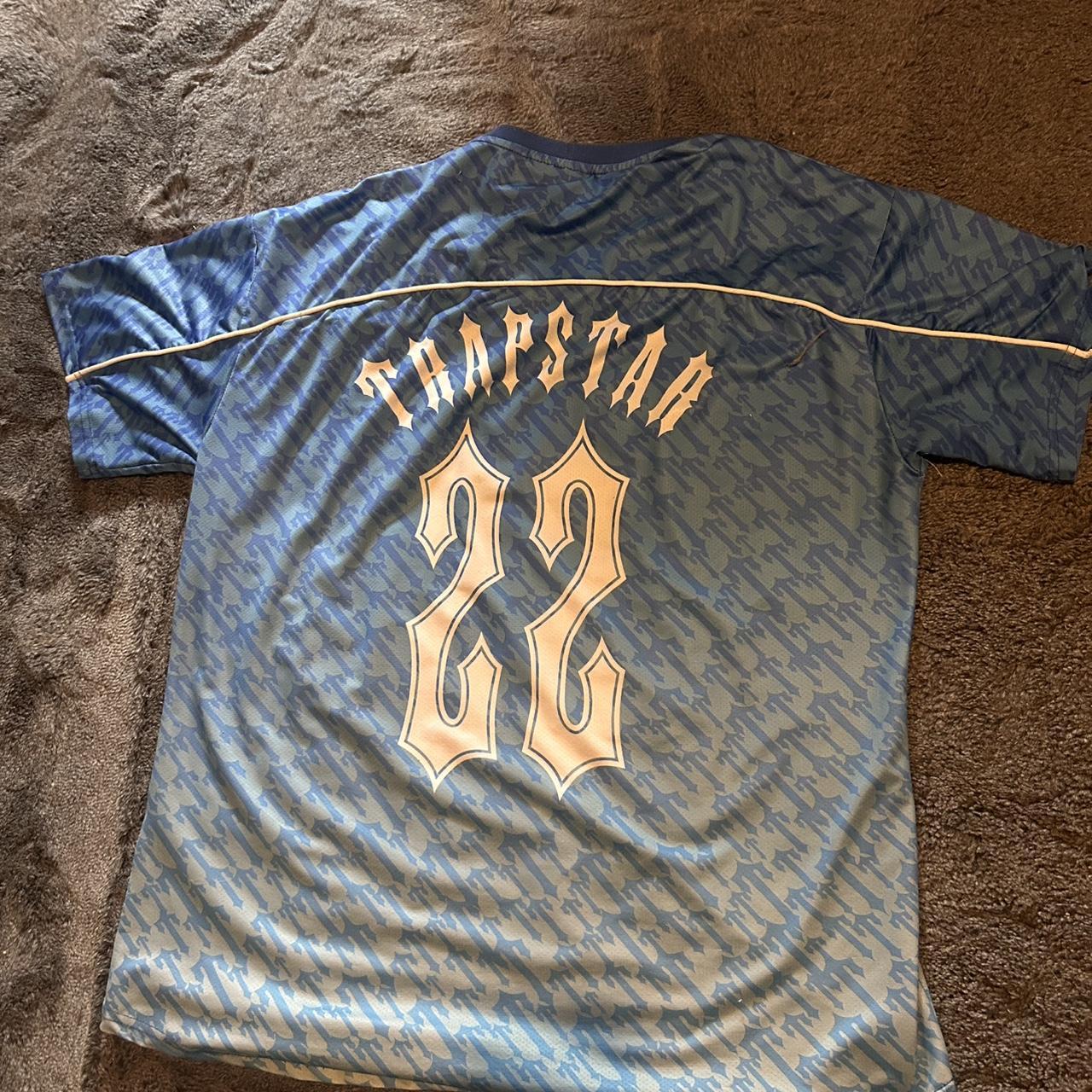 Trapstar blue and white football shirt - Depop
