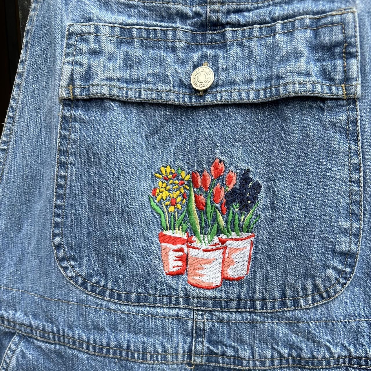 Vintage Denim Overalls Floral Embroidery Size... - Depop
