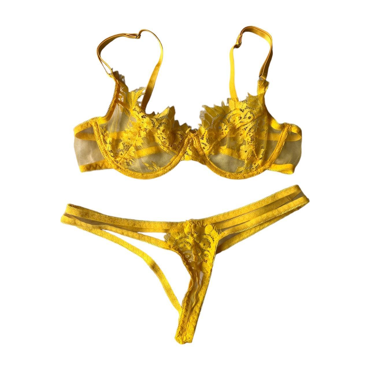 yellow floral lace wired bra and thong lingerie... - Depop