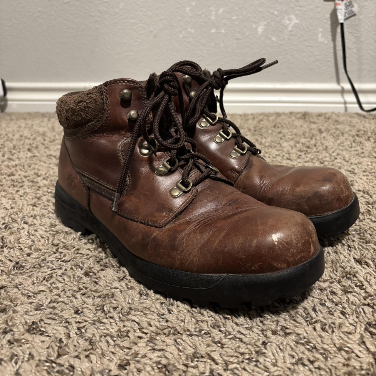 Brown leather timberland hiking boots with lace-up... | Depop