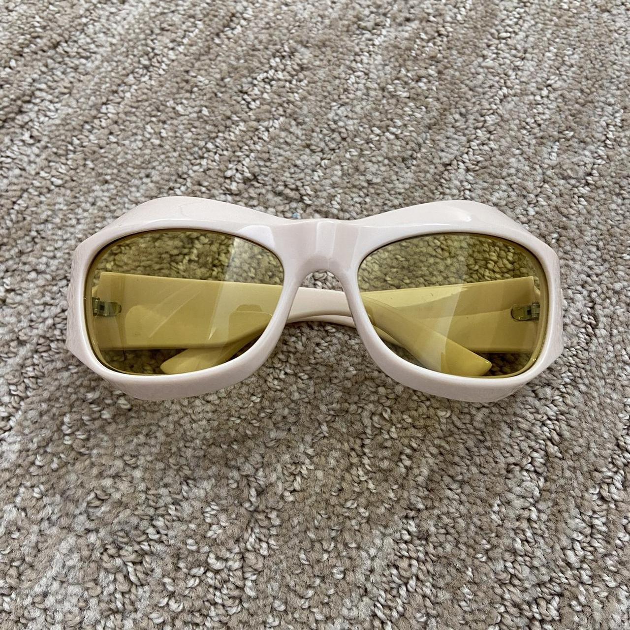 Cream and yellow wrap around goggle style sunglasses... - Depop