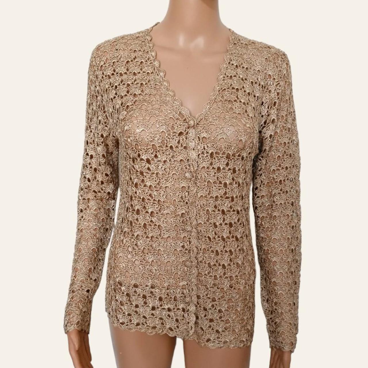 Glamour vintage crochet metallic gold cardigan. Gold... - Depop