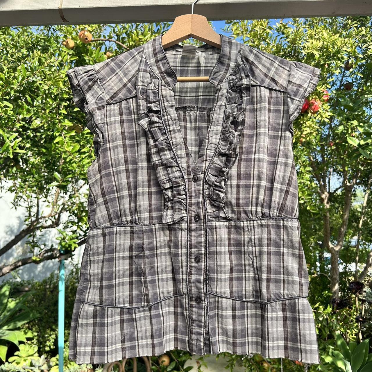 Grey and white plaid ruffle blouse with a vintage... - Depop