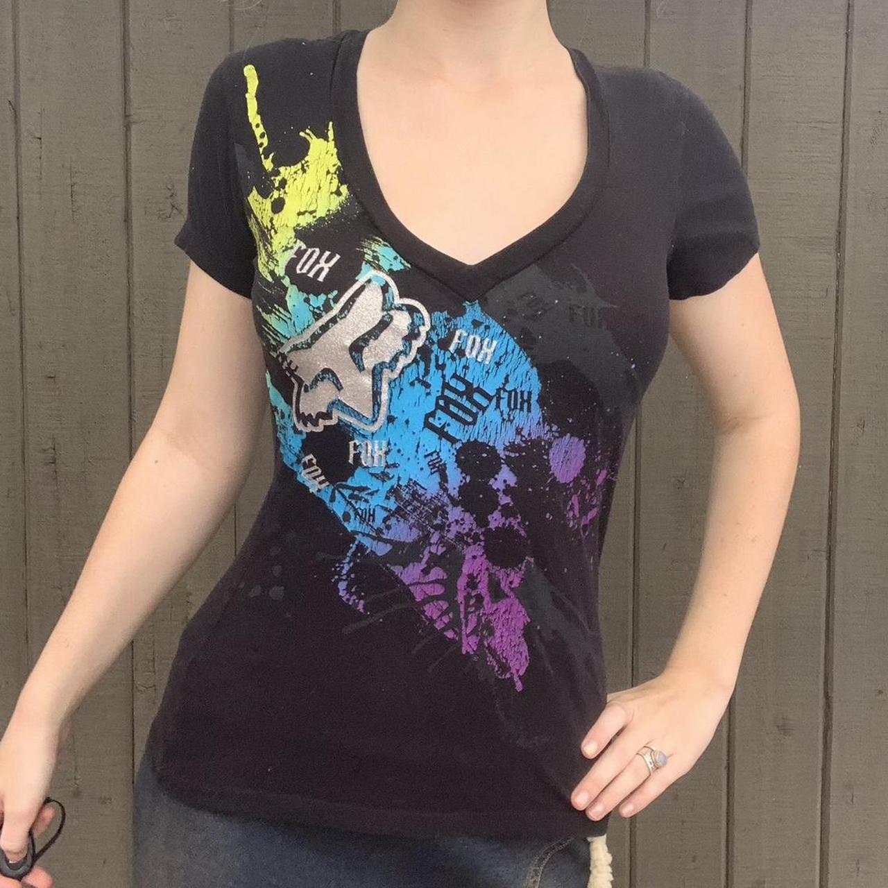 Cyber y2k grunge mall goth fox racing rainbow v neck... - Depop