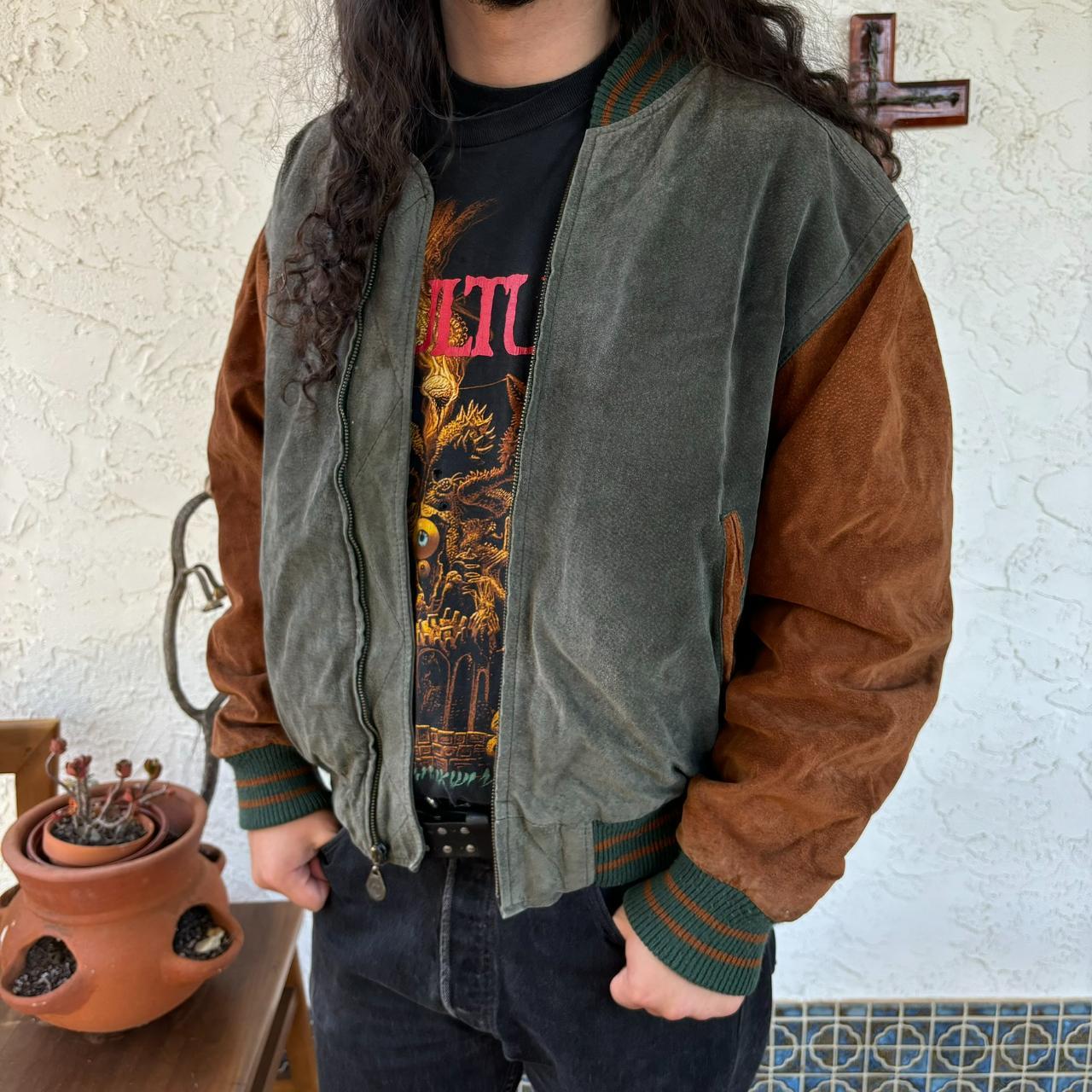 Vintage 80s 90s Punk Varsity Bomber Leather jacket... | Depop