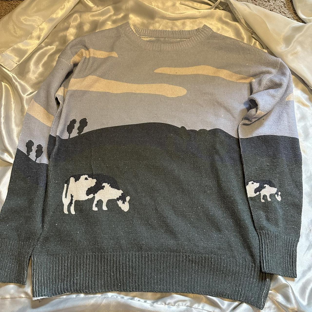 cow grazing sweater some wear on the top collar worn... - Depop