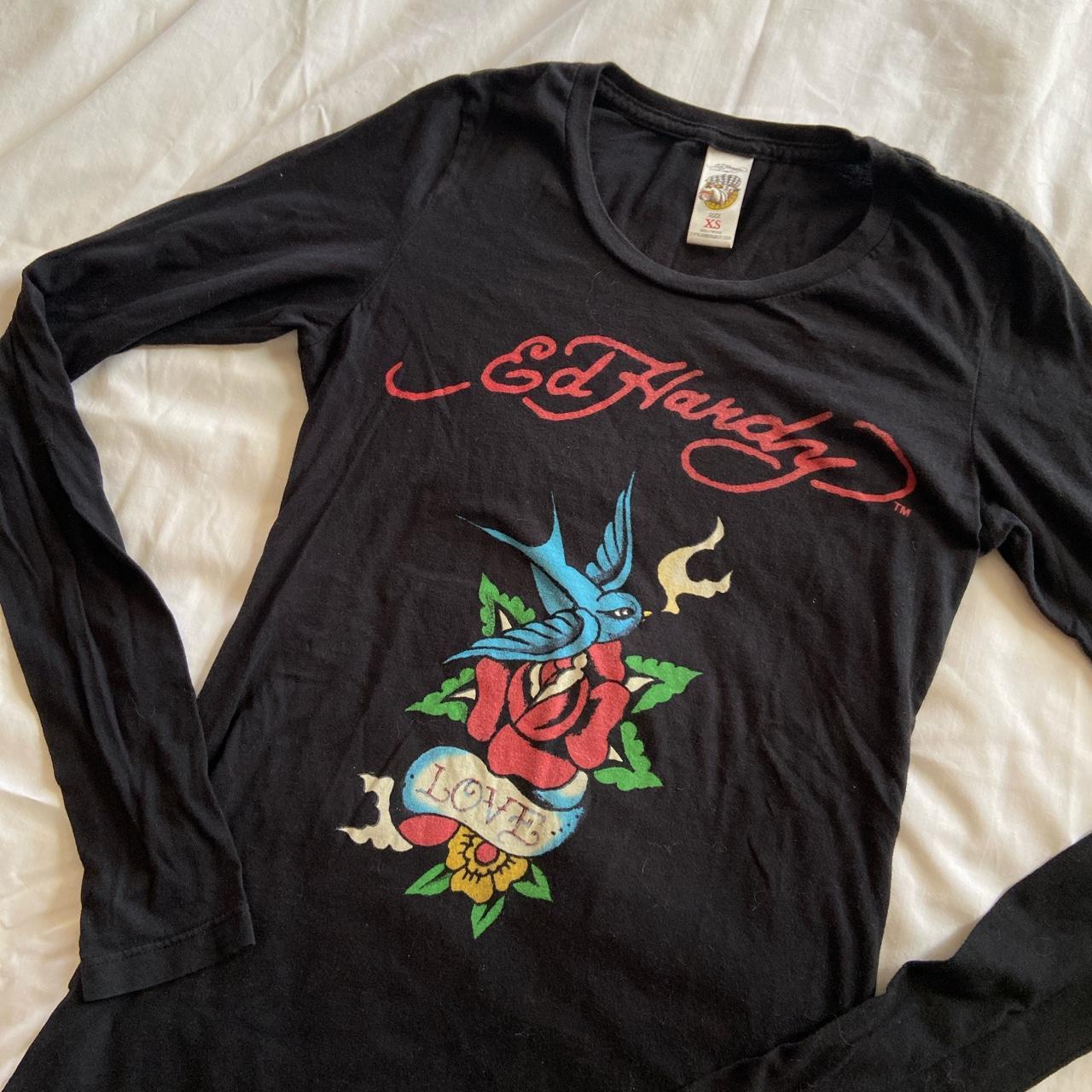 Y2k Ed hardy trad rose and swallow graphic long... - Depop