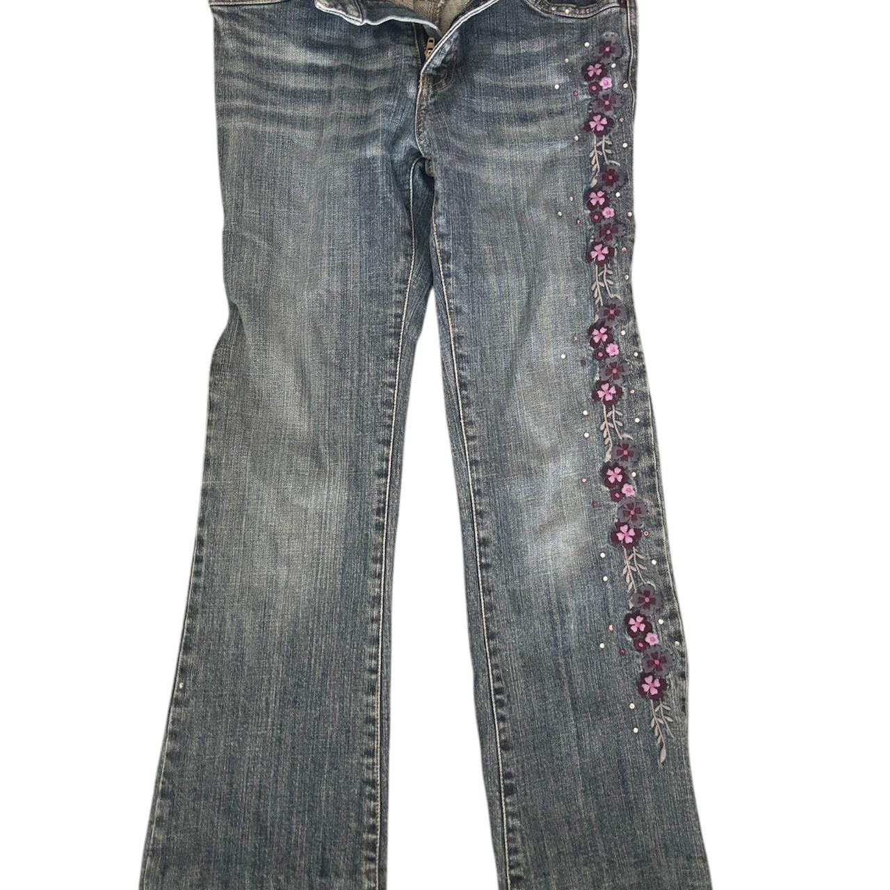 Embroidered floral denim jeans with rhinestones... | Depop