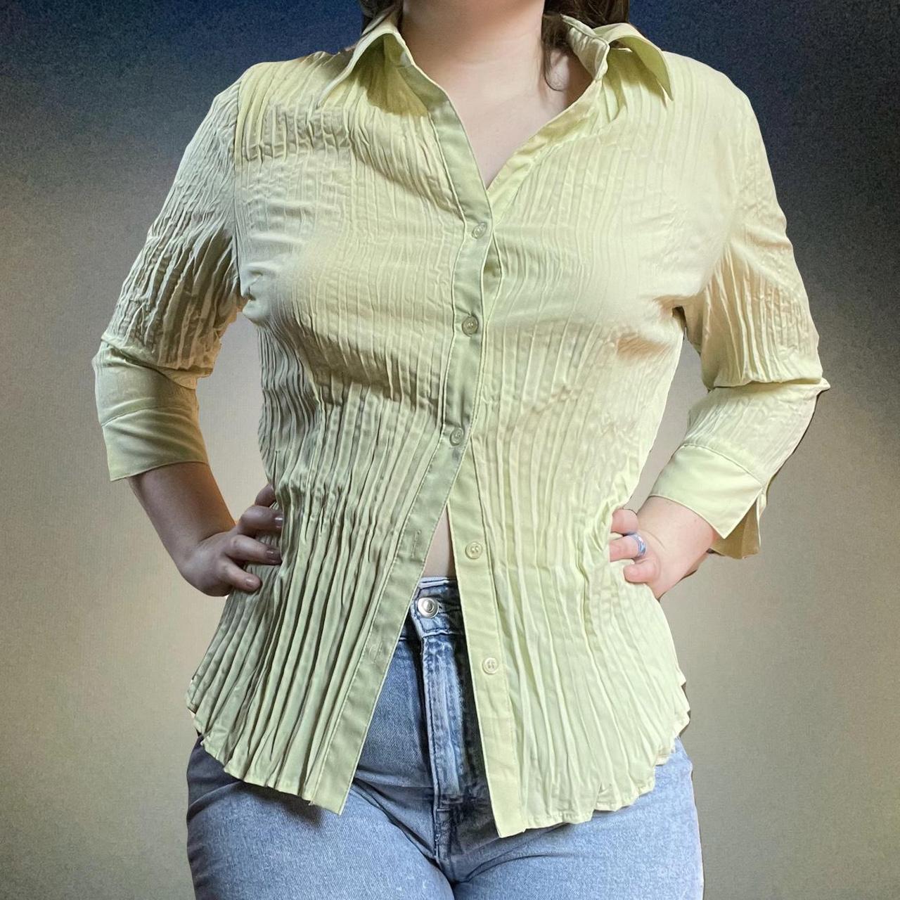 Apt 9 green scrunched button up top Vibrant top... - Depop