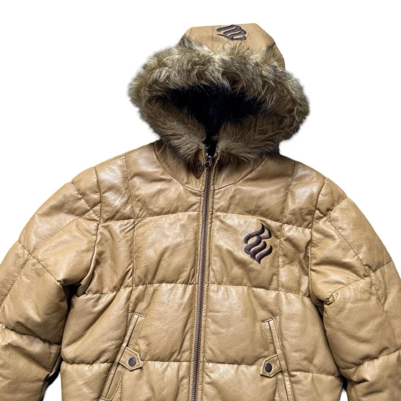 Brown Rocawear Leather Down Feather Puffer Jacket... - Depop