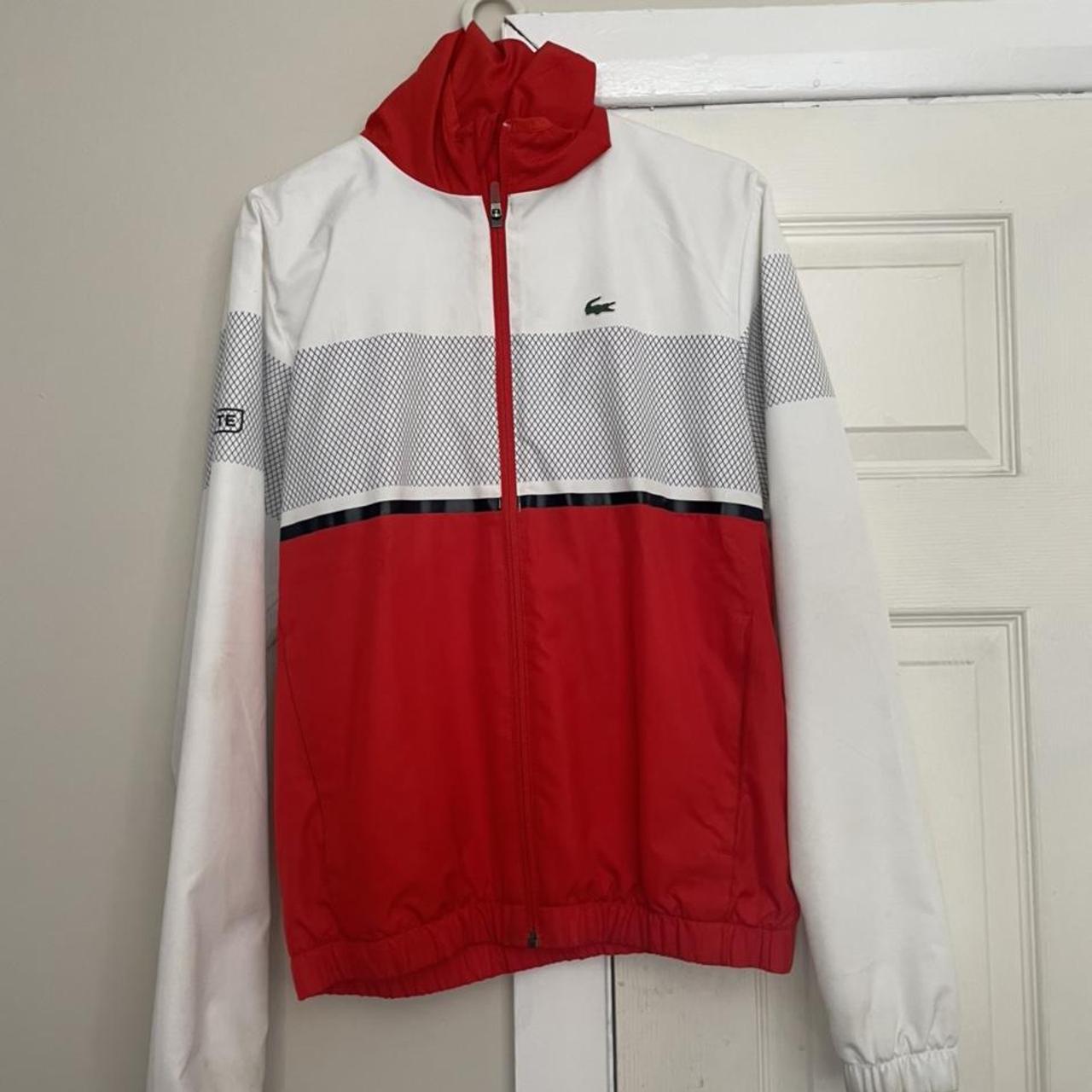 Lacoste white/red tracksuit jacket Size 16 juniors... - Depop