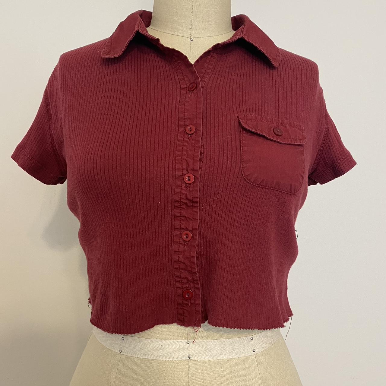 Super cute red button down with a raw hem #redshirt... - Depop