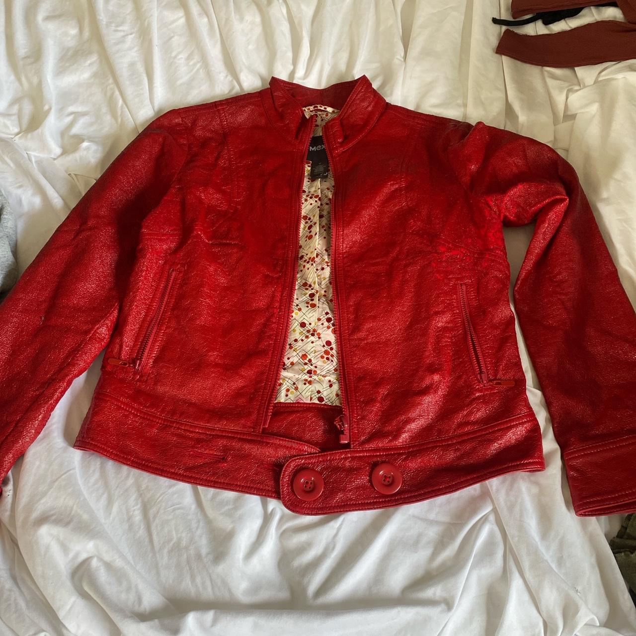 Red leather jacket with huge buttons #redleather... - Depop