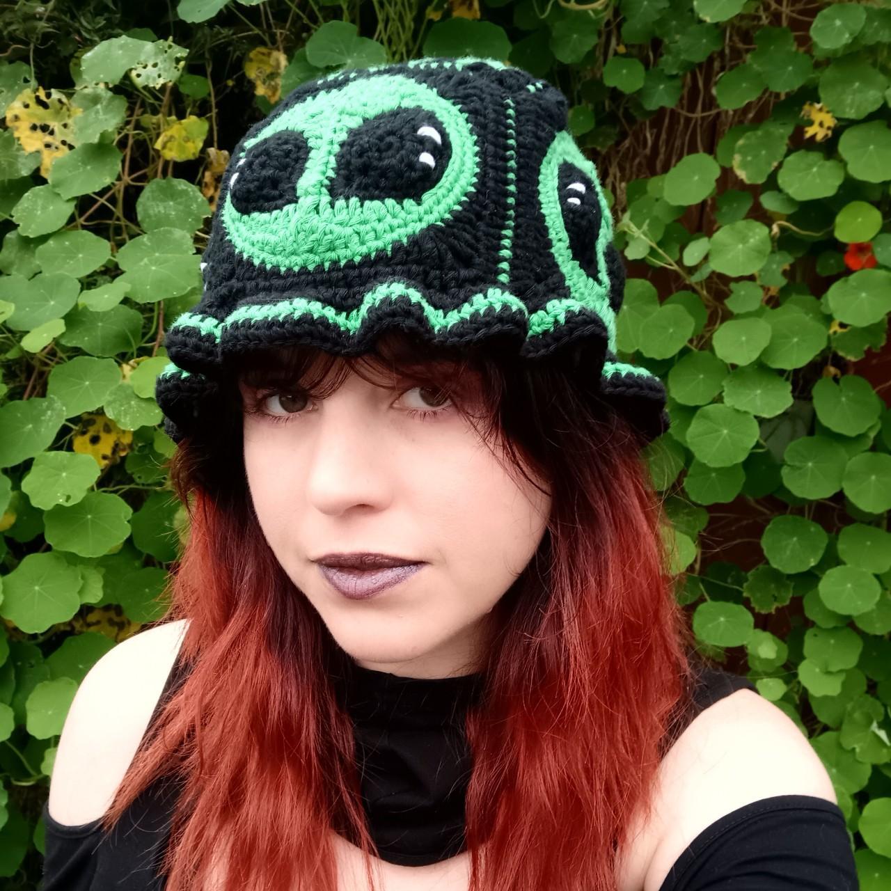 Crochet Black and Green Alien Bucket Hat Made out... - Depop