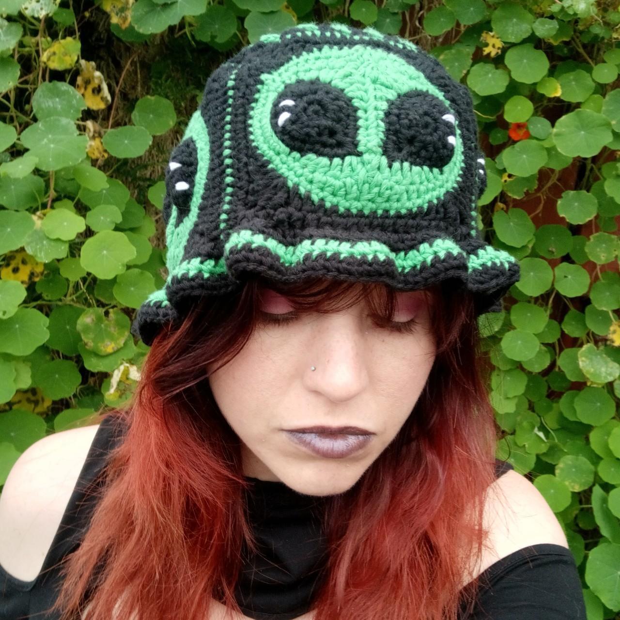 Crochet Black and Green Alien Bucket Hat Made out... - Depop