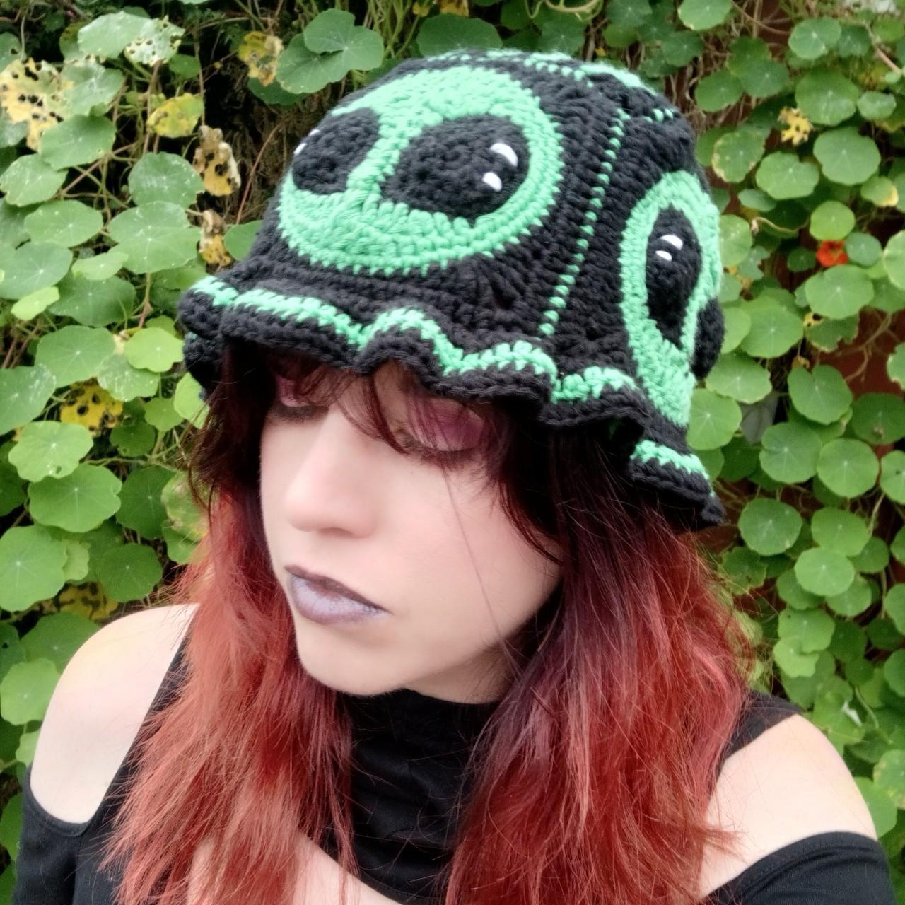 Crochet Black and Green Alien Bucket Hat Made out... - Depop