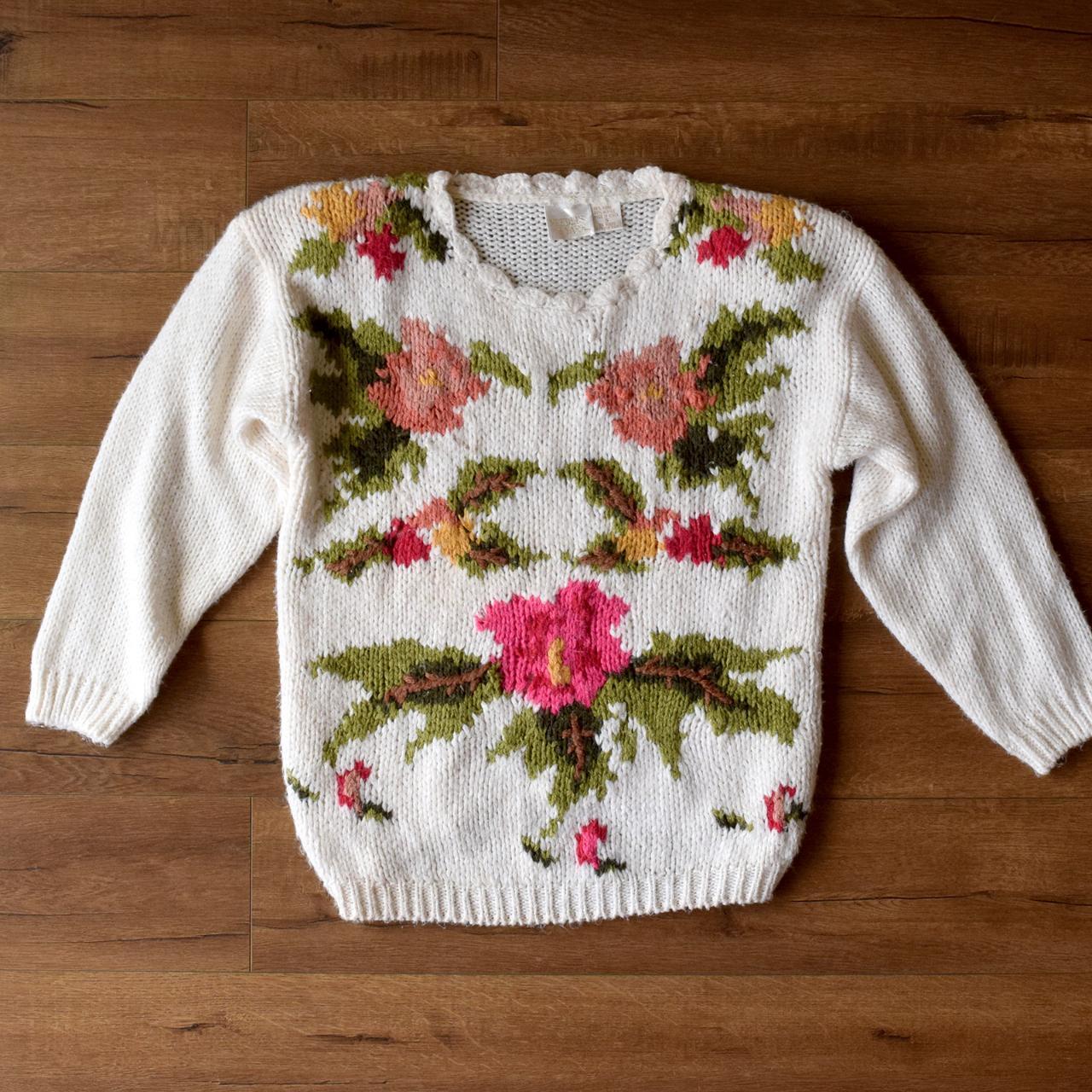 80s floral knit cute grandmacore pullover sweater... - Depop