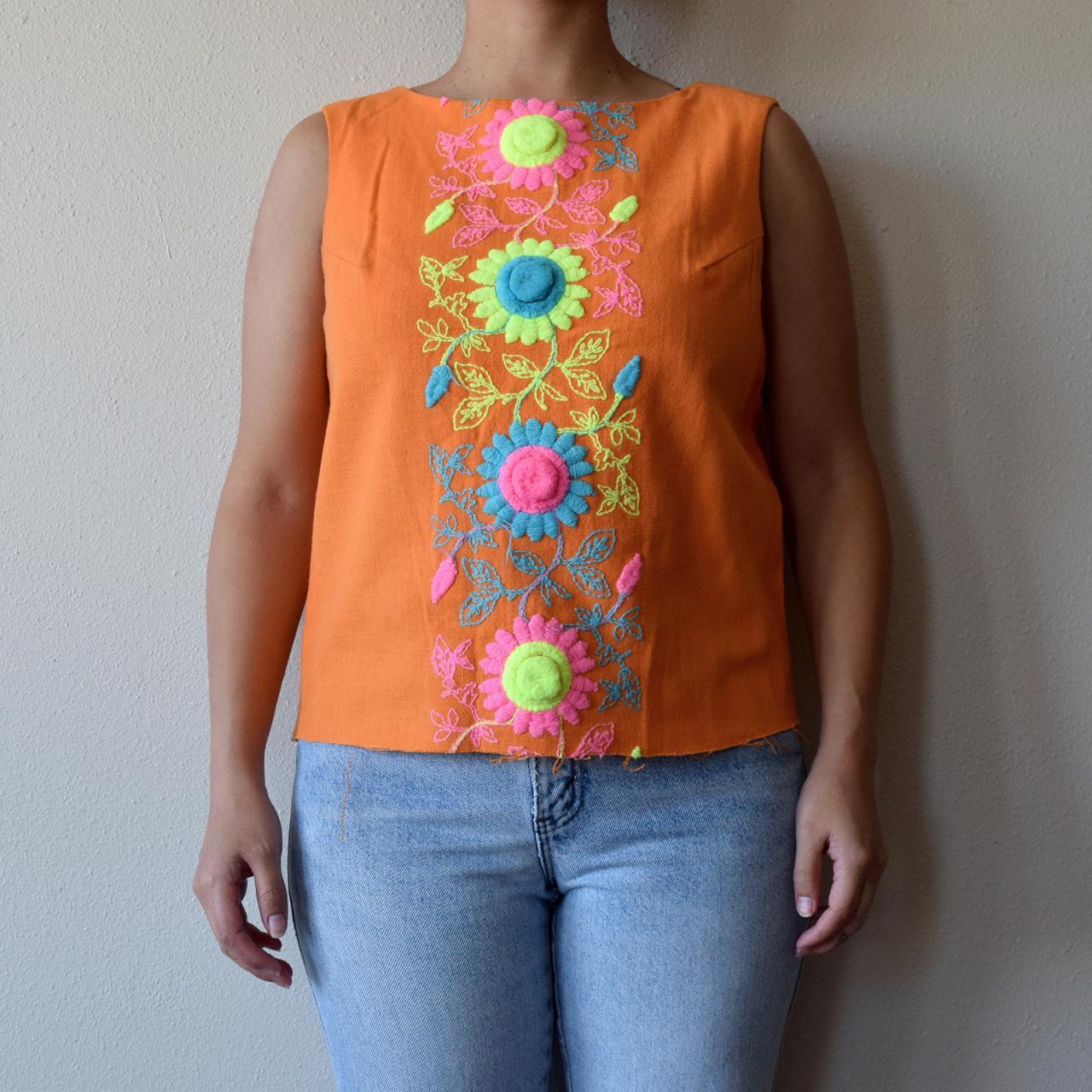 60s mod bright floral neon embroidered tank top The... - Depop