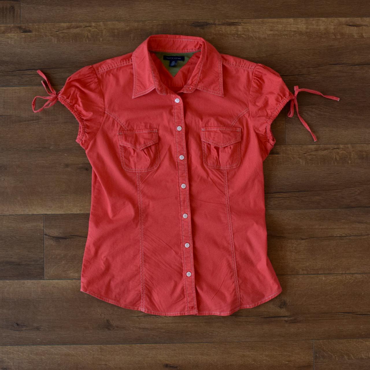 y2k tommy hilfiger bright orange button up shirt... - Depop