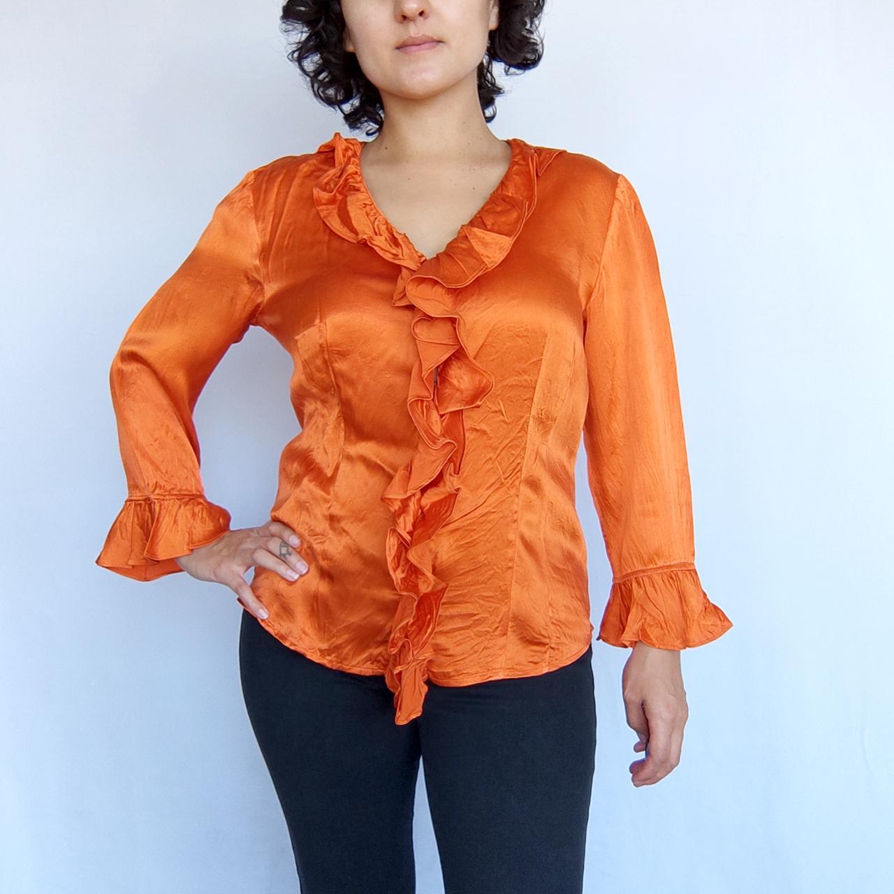 bright orange satin silk ruffle blouse size... - Depop