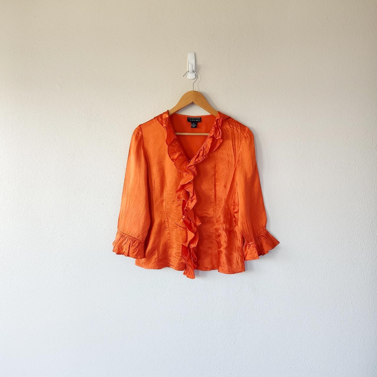 bright orange satin silk ruffle blouse size... - Depop