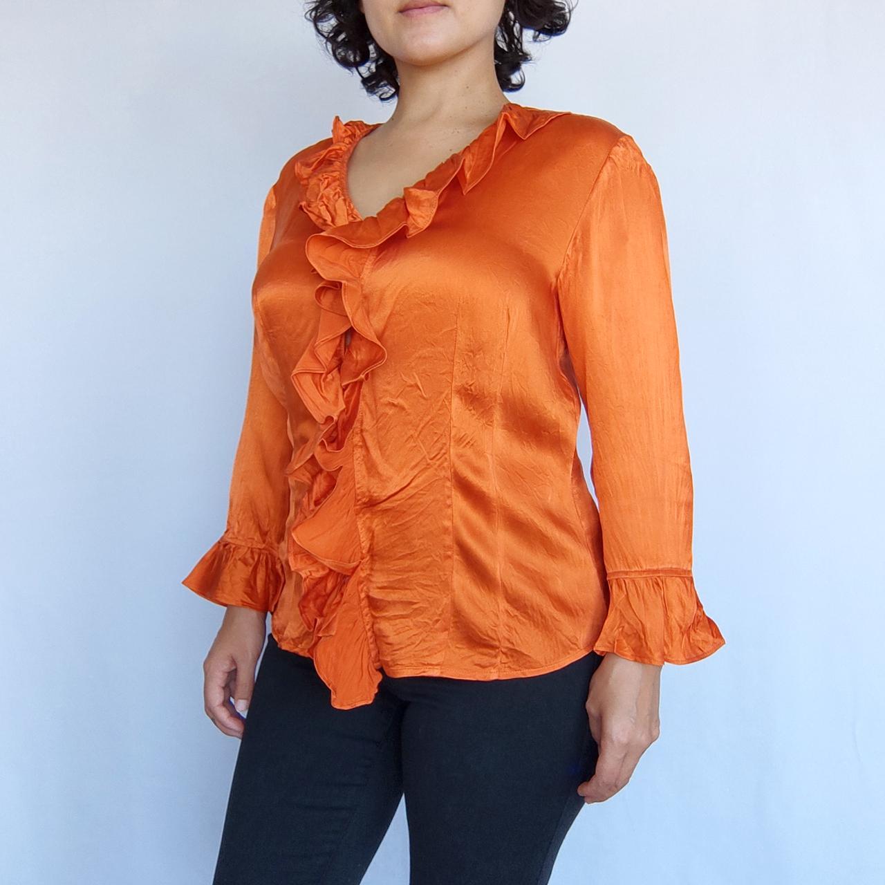 bright orange satin silk ruffle blouse size... - Depop
