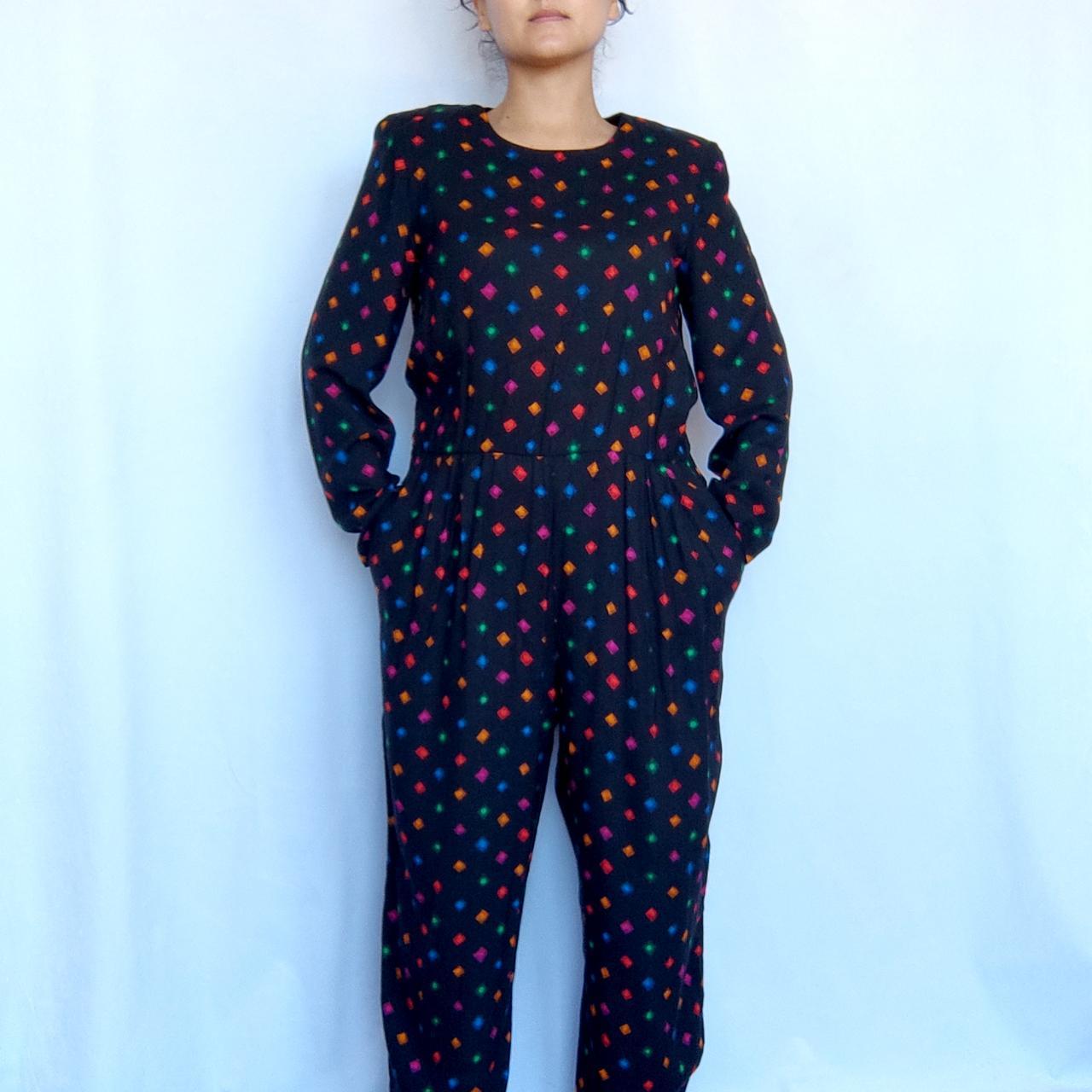 80s black colorful patterned jumpsuit size... - Depop