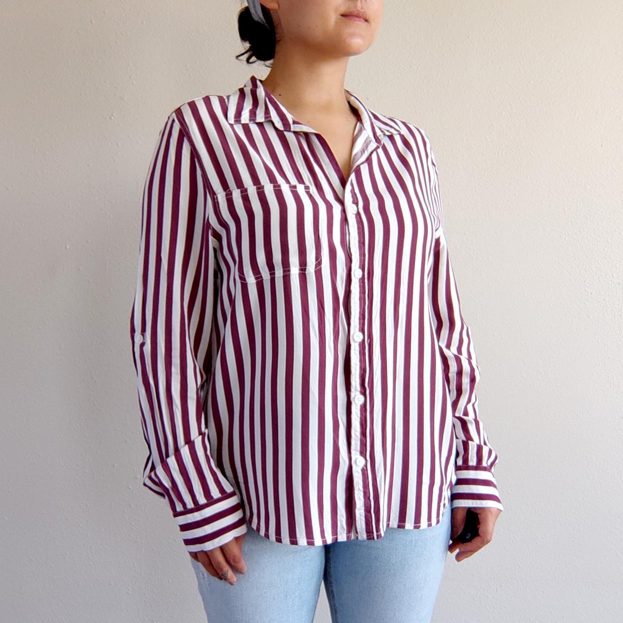 Burgundy vertical striped long sleeve button up... - Depop