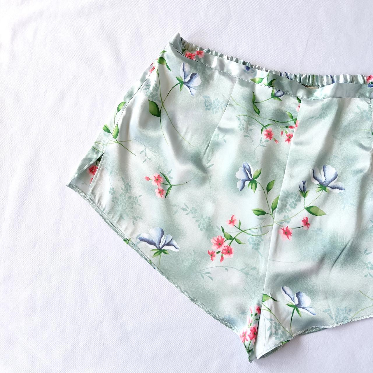 Vintage Blue Satin Floral Pajama Shorts - Elegant... - Depop