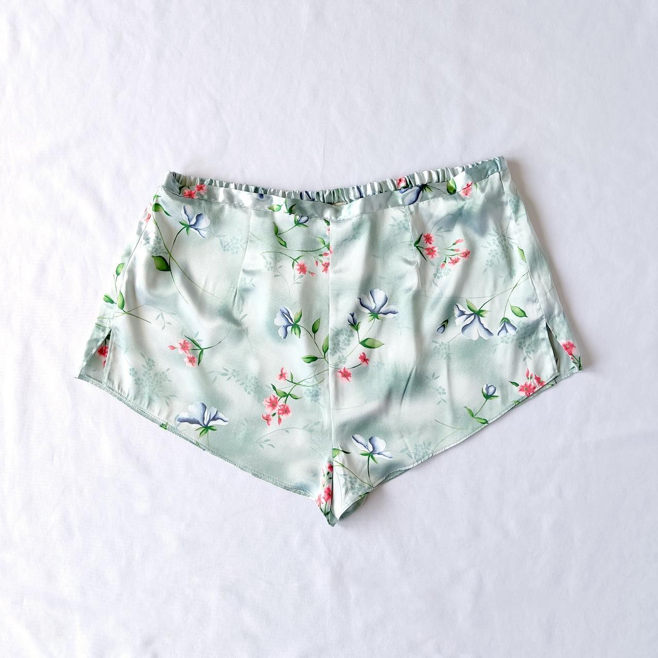 Vintage Blue Satin Floral Pajama Shorts - Elegant... - Depop