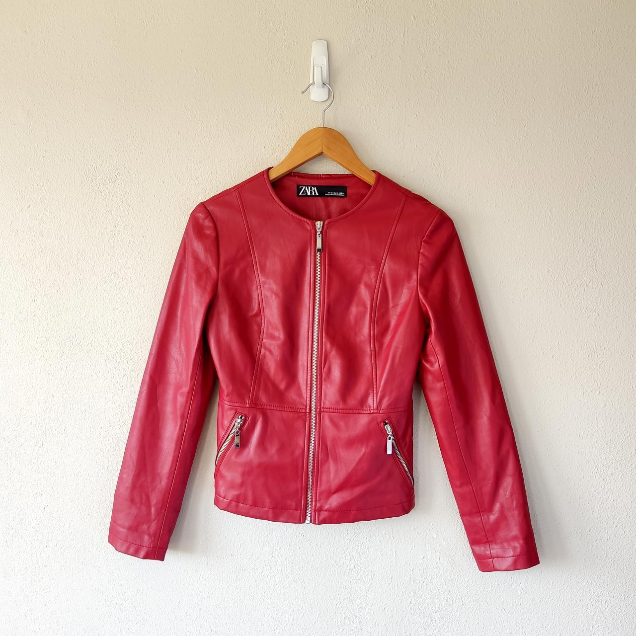 Zara red faux leather jacket size extra small grunge... - Depop