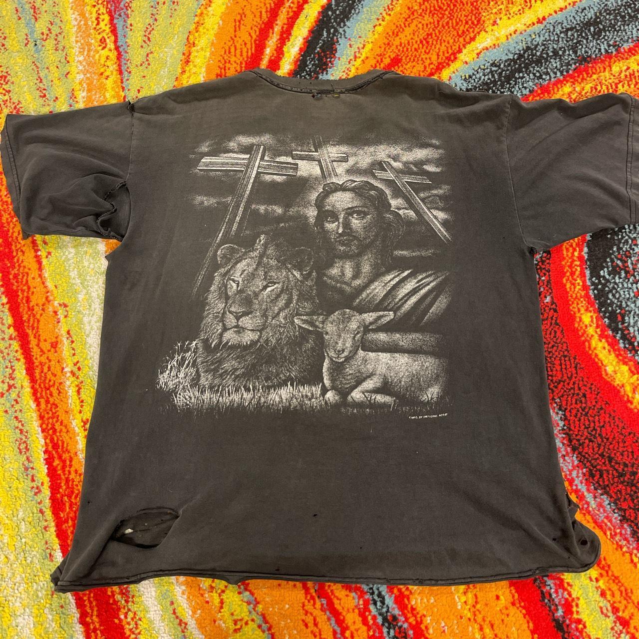 Vintage 1990s thrashed jesus christ black t-shirt No... - Depop