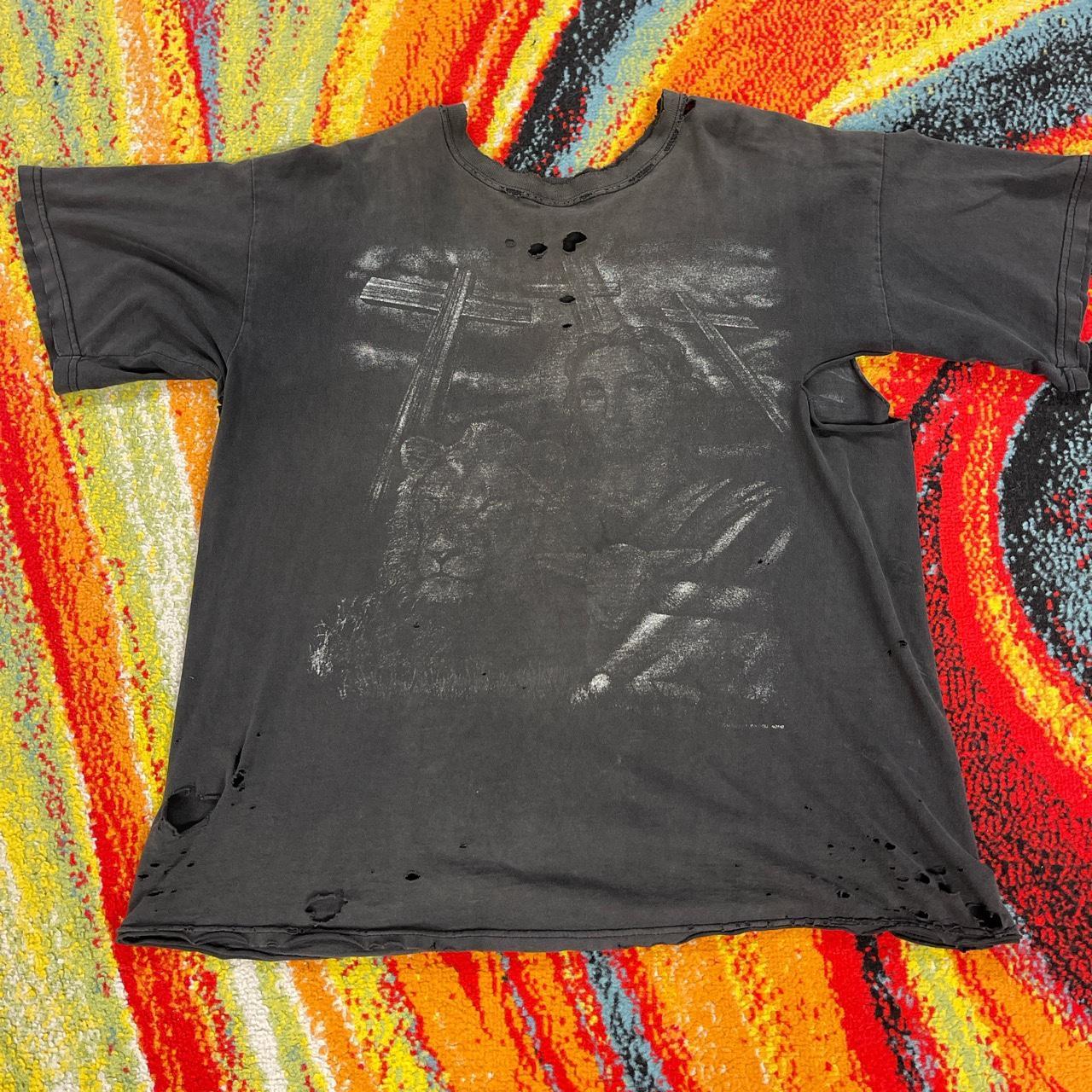 Vintage 1990s thrashed jesus christ black t-shirt No... - Depop