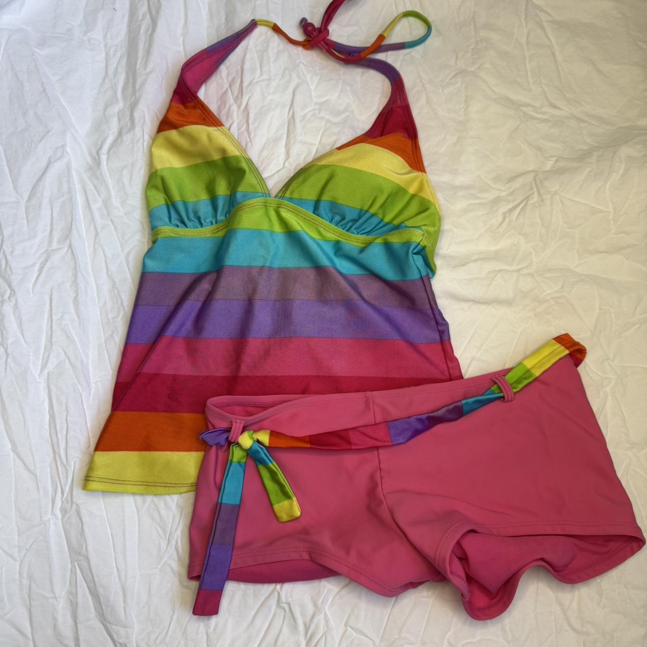 Rainbow tankini swimsuit set. See photos for... | Depop